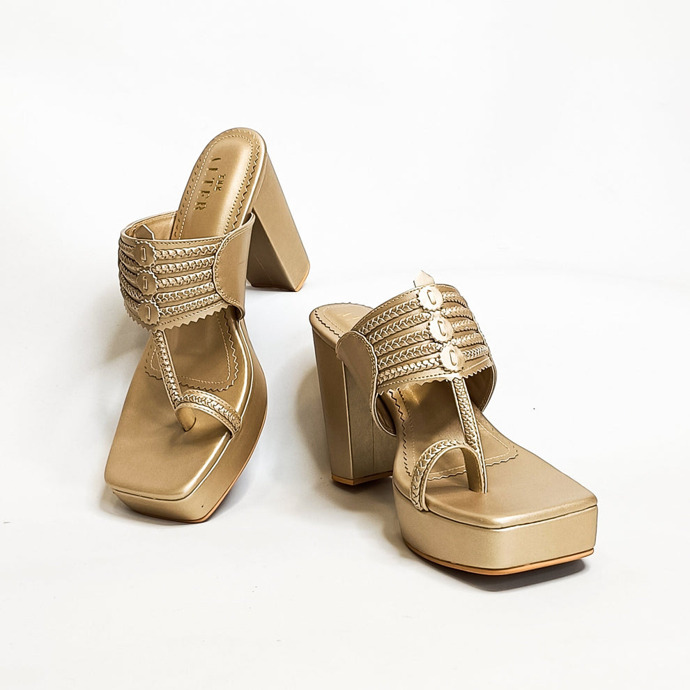 T shaped Champagne Gold Kohla Block Heels – THE ALTER